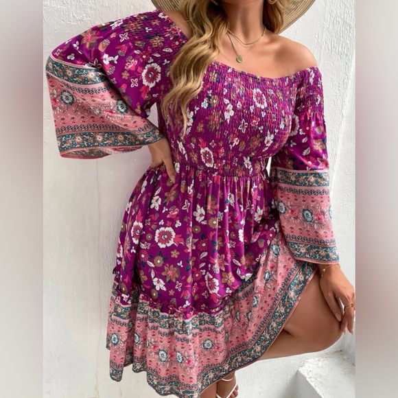SHEIN | Dresses | Shein Plus Boho Floral Print Off Shoulder Dress X ...